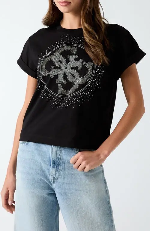 Guess Crystal Embellished Graphic Cotton T-shirt - Jet Black