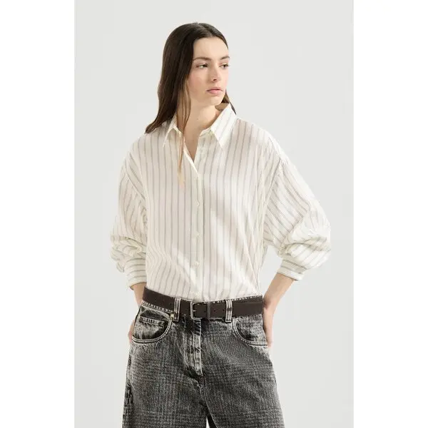 Brunello Cucinelli Striped Silk Poplin Shirt With Monili - Butter