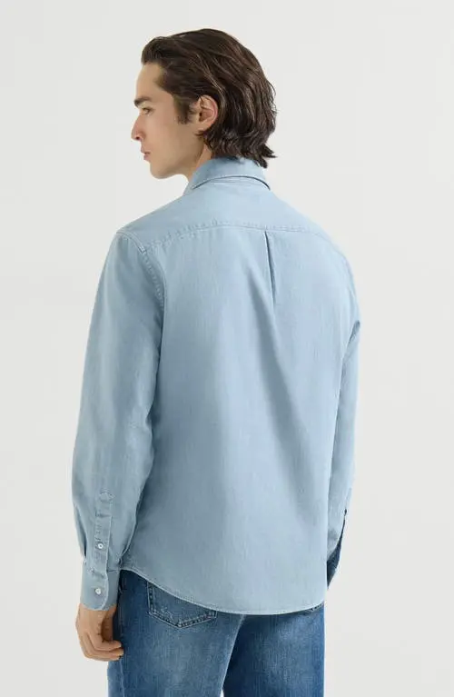Brunello Cucinelli Lightweight Denim Shirt With Italian Collar And Chest Pocket