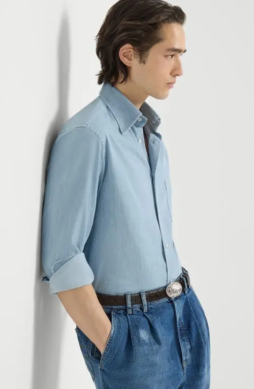 Brunello Cucinelli Lightweight Denim Shirt With Italian Collar And Chest Pocket