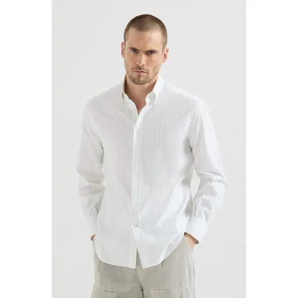 Brunello Cucinelli Cotton Textured Striped Chevron Shirt With Button-down Collar