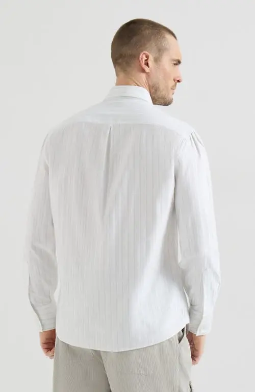 Brunello Cucinelli Cotton Textured Striped Chevron Shirt With Button-down Collar