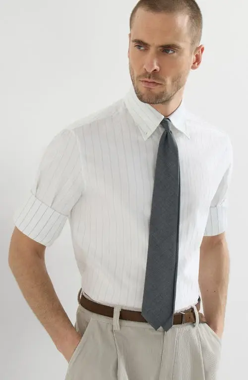 Brunello Cucinelli Cotton Textured Striped Chevron Shirt With Button-down Collar