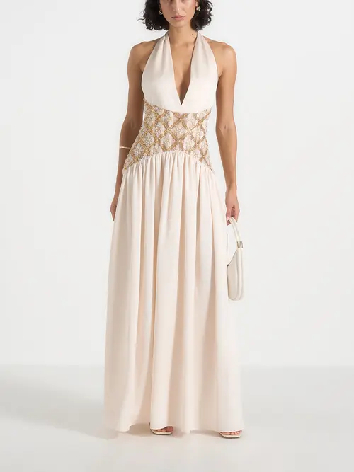 Manière De Voir Halterneck Embellished Corset Maxi Dress - Cream