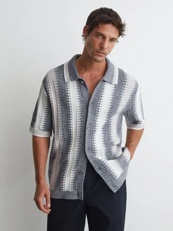 REISS Dale Stitch-detail Stripe Knitted Shirt With Cotton