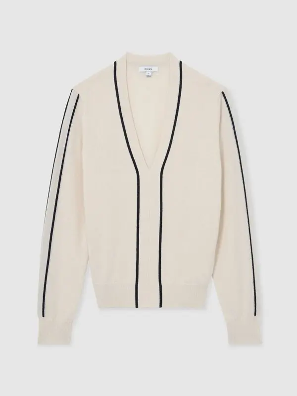 REISS Mila Wool-blend V-neck Jumper With Stripe Detail And Cashmere - Ivory/navy
