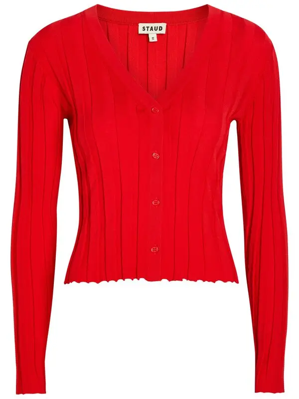 Staud Ezra Ribbed-knit Cardigan - Red