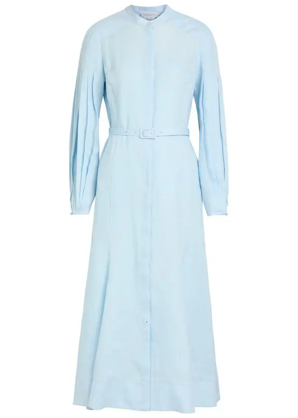 Gabriela Hearst Lydia Belted Linen Midi Shirt Dress - Light Blue