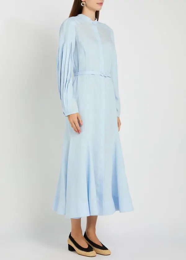 Gabriela Hearst Lydia Belted Linen Midi Shirt Dress - Light Blue