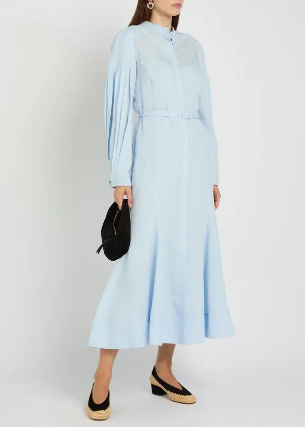 Gabriela Hearst Lydia Belted Linen Midi Shirt Dress - Light Blue