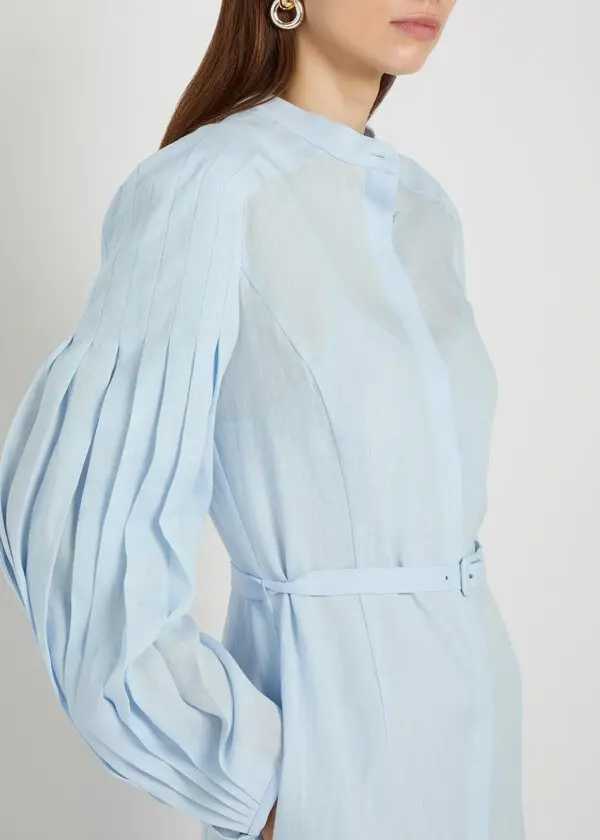 Gabriela Hearst Lydia Belted Linen Midi Shirt Dress - Light Blue
