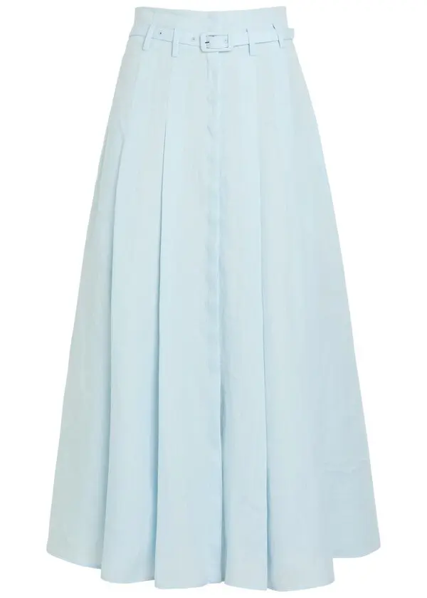 Gabriela Hearst Dugald Belted Pleated Linen Midi Skirt - Light Blue