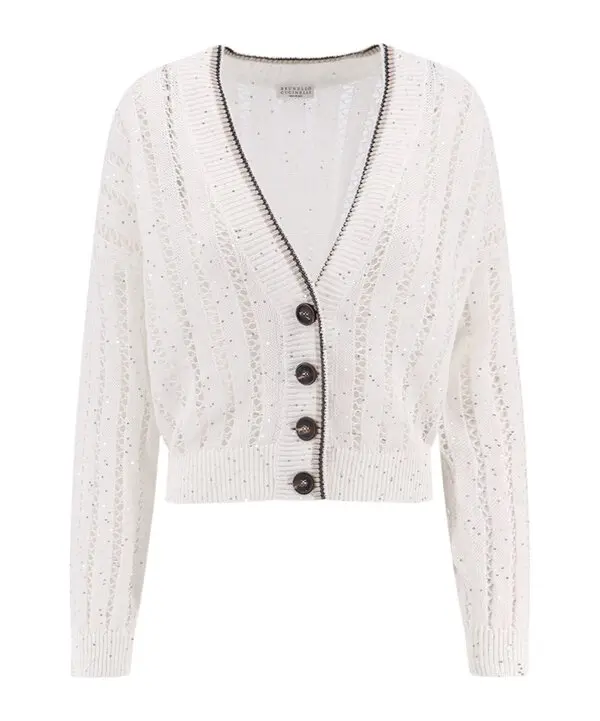Brunello Cucinelli Dazzling Ribbed Net Cardigan - White