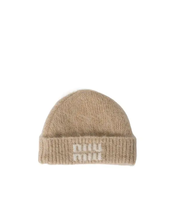 Miu Miu Logo Intarsia Beanie - Natural