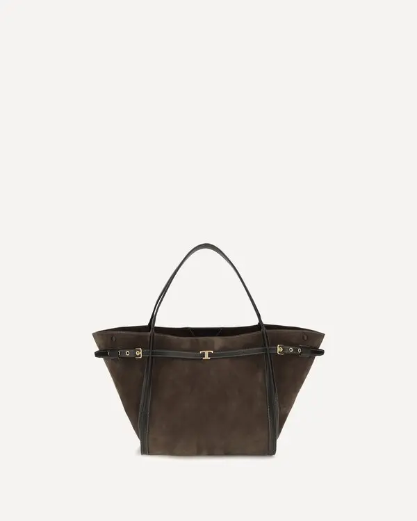 TOD'S Suede Tote Bag With Leather Inserts And T Timeless Detail - Brown