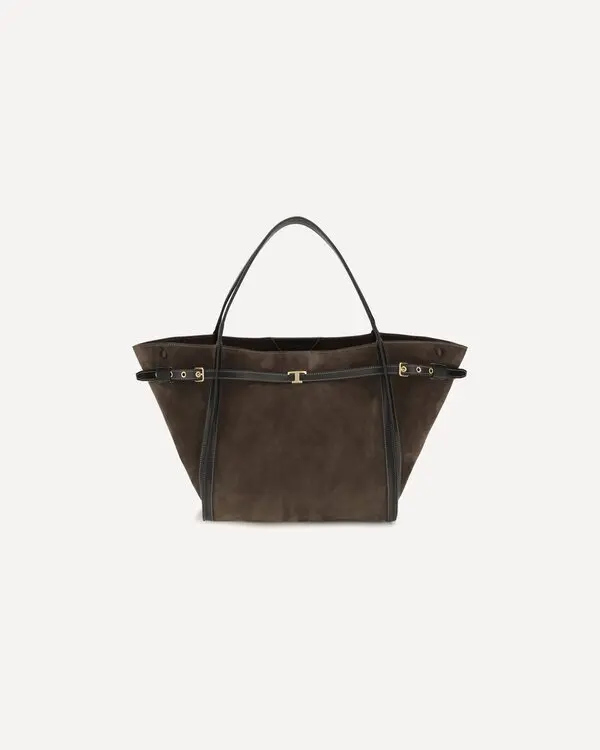 TOD'S Suede Tote Bag With Leather Inserts And T Timeless Detail - Brown