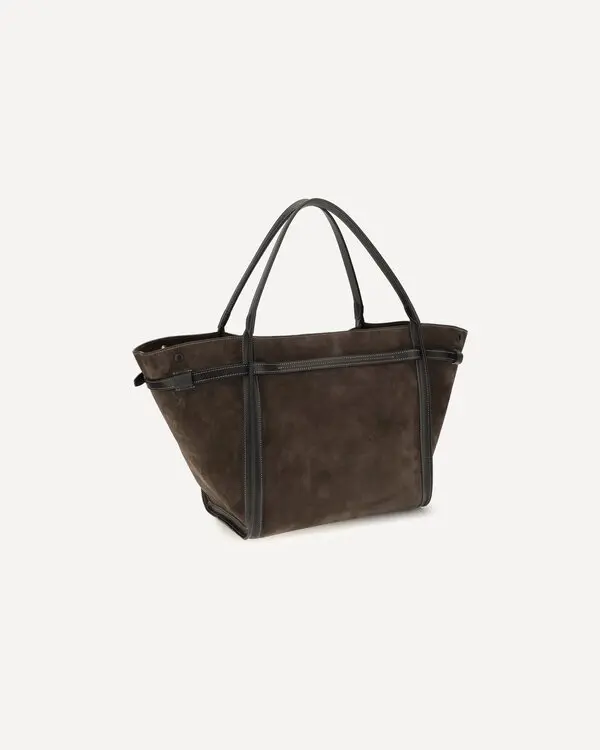 TOD'S Suede Tote Bag With Leather Inserts And T Timeless Detail - Brown
