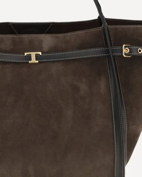 TOD'S Suede Tote Bag With Leather Inserts And T Timeless Detail - Brown