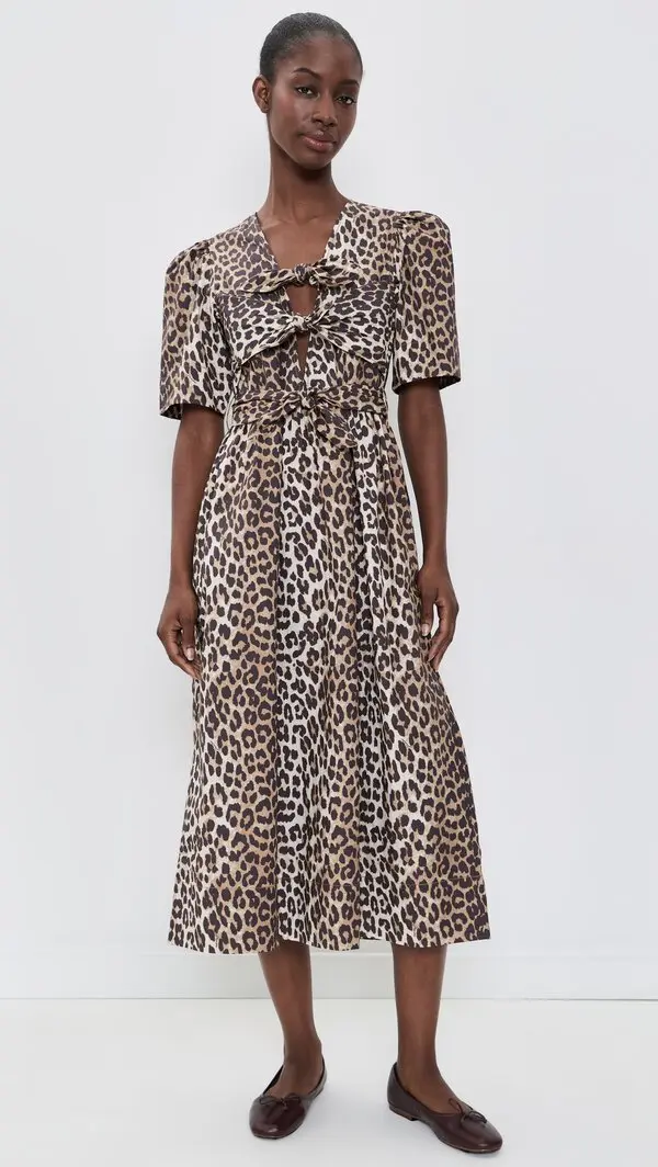 GANNI Printed Cotton Tie Strap Midi Dress