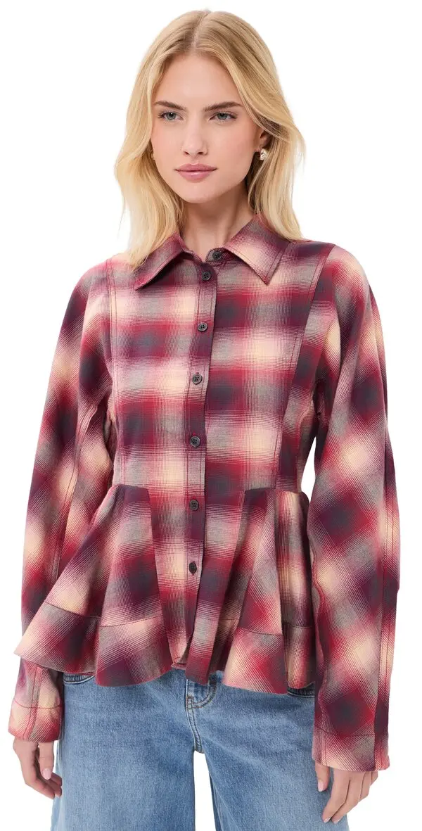 GANNI Cotton Flannel Check Peplum Shirt - Raspberry Wine