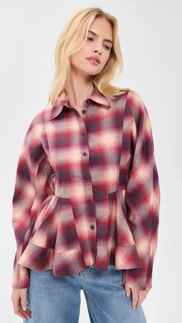 GANNI Cotton Flannel Check Peplum Shirt