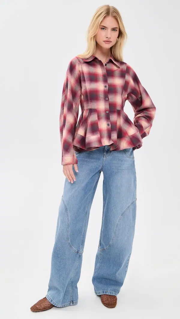 GANNI Cotton Flannel Check Peplum Shirt
