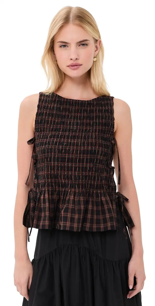 GANNI Smocked Check Tie Top