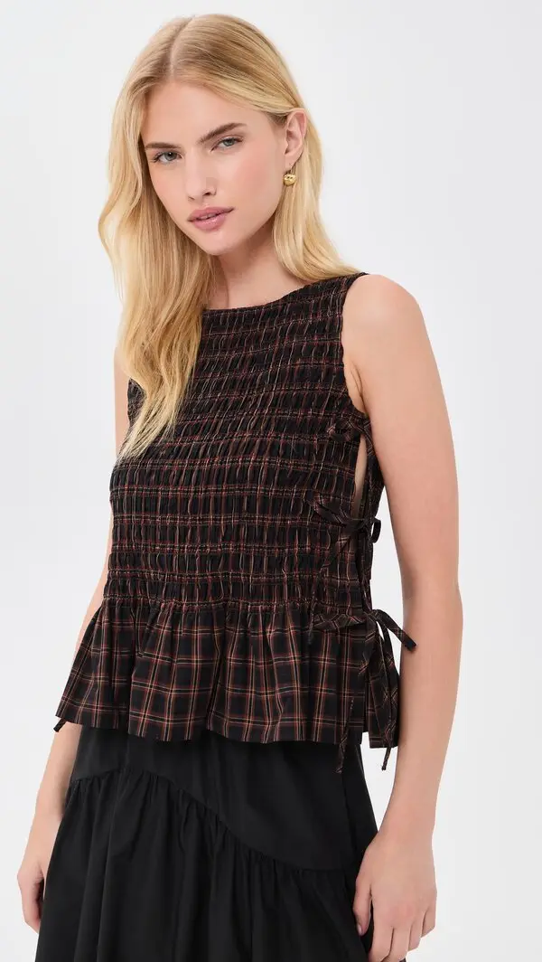 GANNI Smocked Check Tie Top