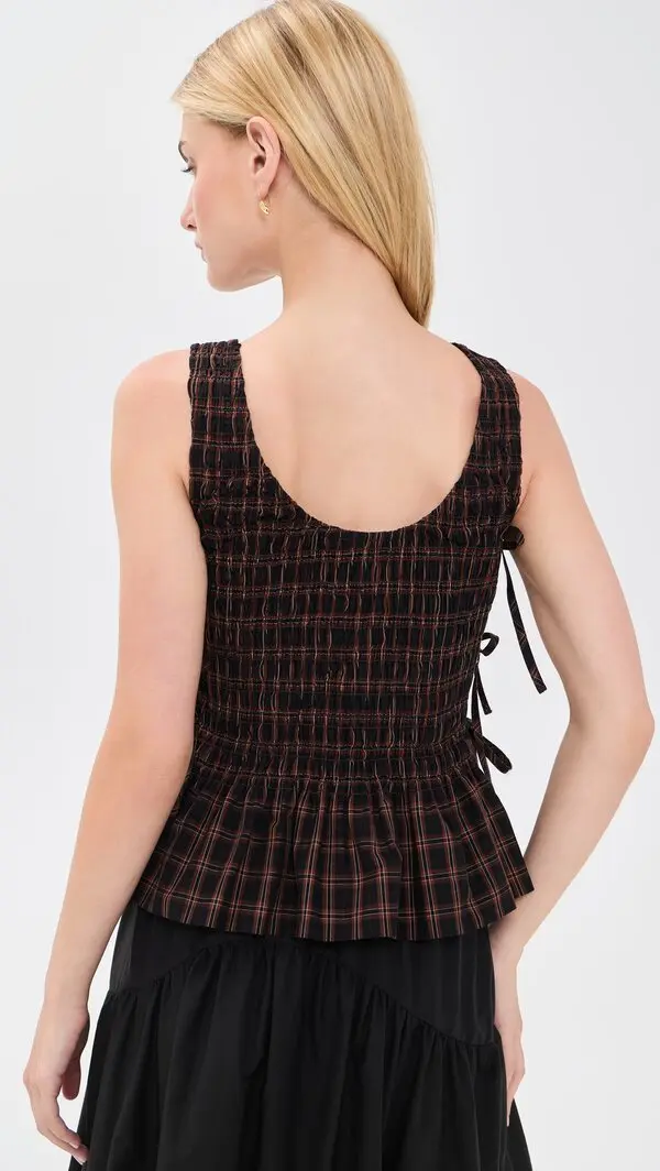 GANNI Smocked Check Tie Top