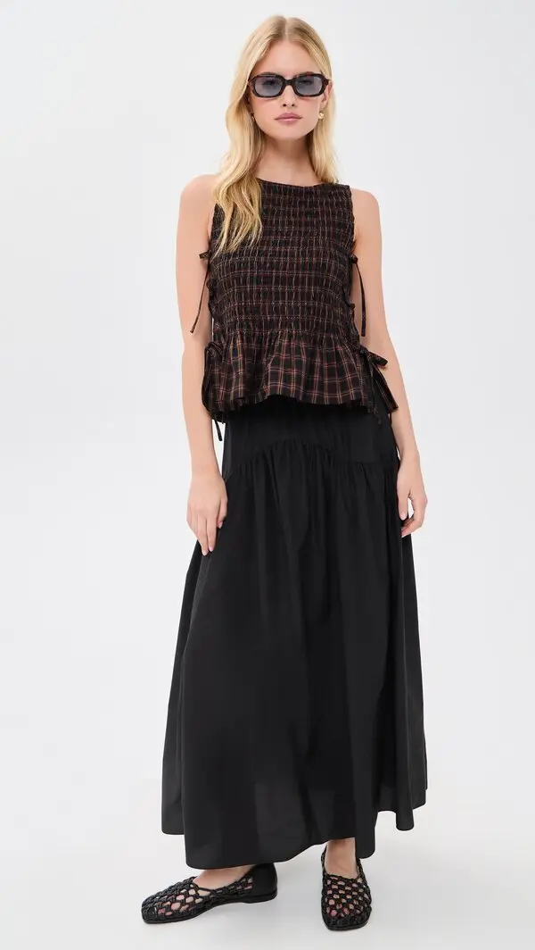 GANNI Smocked Check Tie Top
