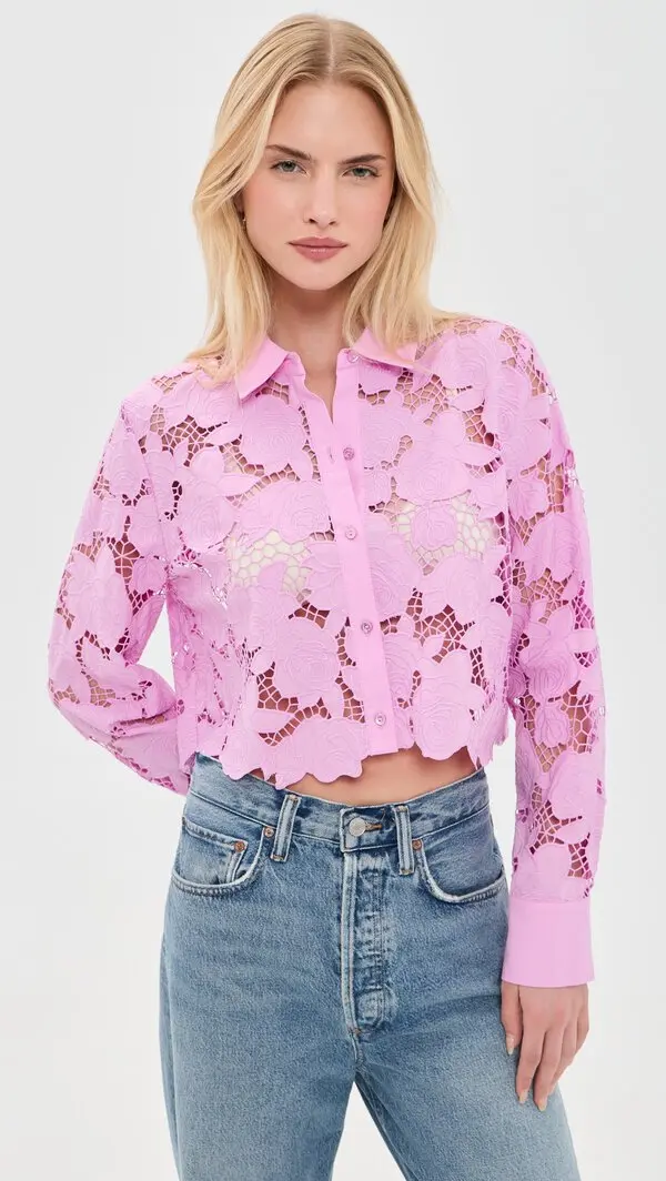 L'Agence Seychelle Cropped Button-down Shirt With Floral Embroidery And Scalloped Hem - Peony