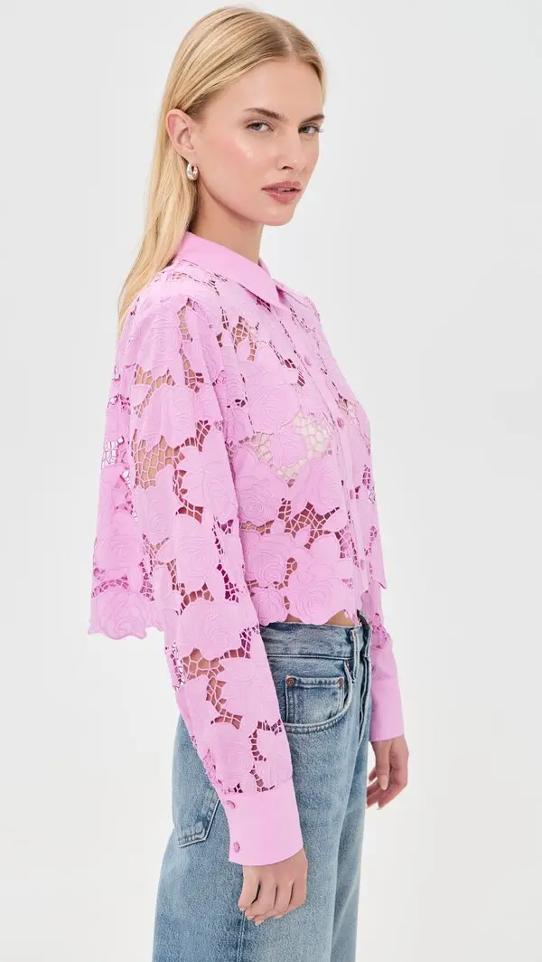 L'Agence Seychelle Cropped Button-down Shirt With Floral Embroidery And Scalloped Hem - Peony