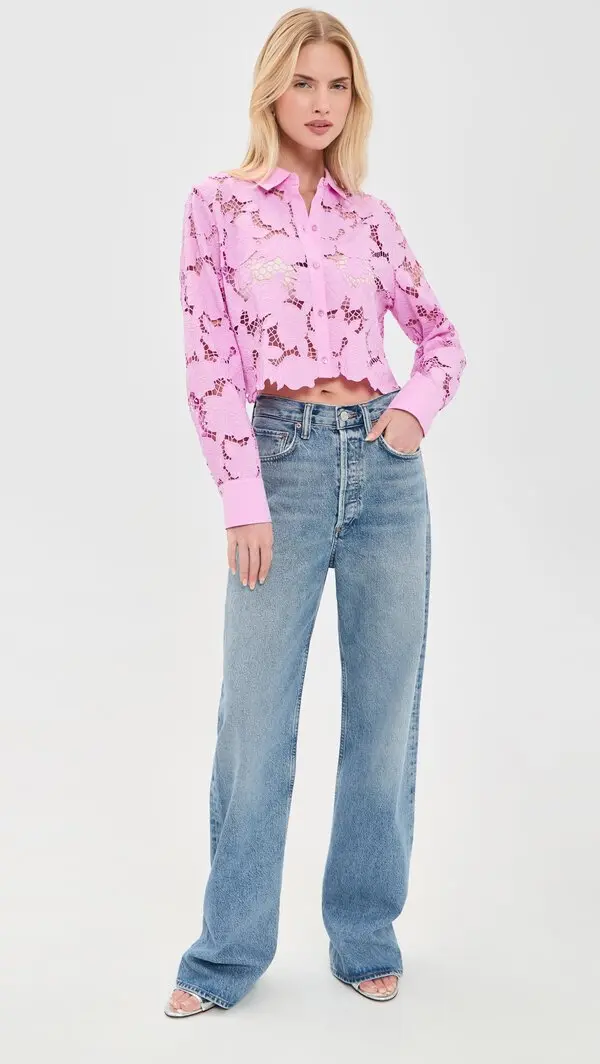L'Agence Seychelle Cropped Button-down Shirt With Floral Embroidery And Scalloped Hem - Peony