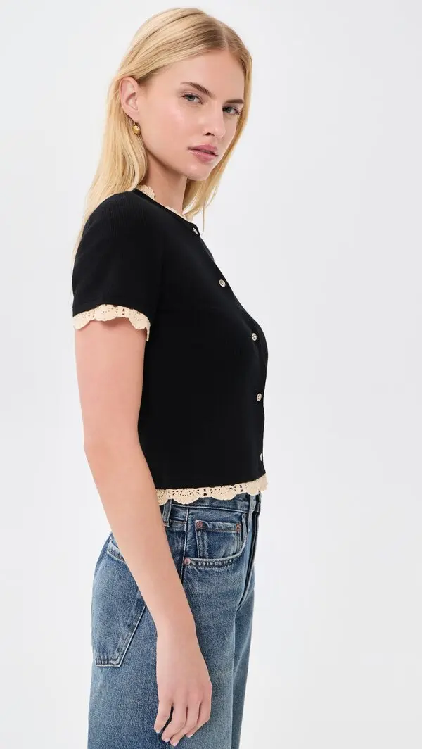 Alice + Olivia Ciara Short Sleeve Cardigan With Trim