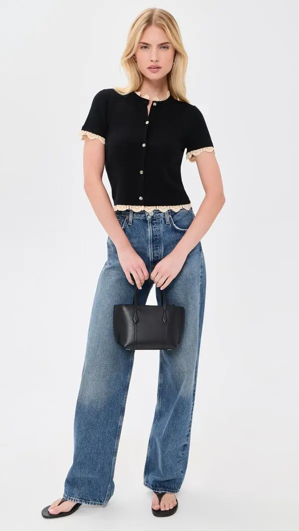 Alice + Olivia Ciara Short Sleeve Cardigan With Trim