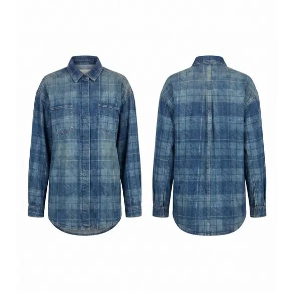 TRIARCHY DENIM INC. Charlotte Oversized Denim Shirt Tartan Medium Indigo