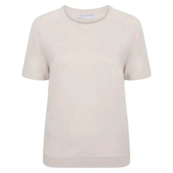PAUL JAMES KNITWEAR Neutrals Ultra Fine Cotton Cassie Saddle Shoulder Knitted T-shirt Ecru - Beige