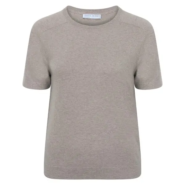 PAUL JAMES KNITWEAR Ultra Fine Cotton Cassie Saddle Shoulder Knitted T-shirt Mushroom - Brown