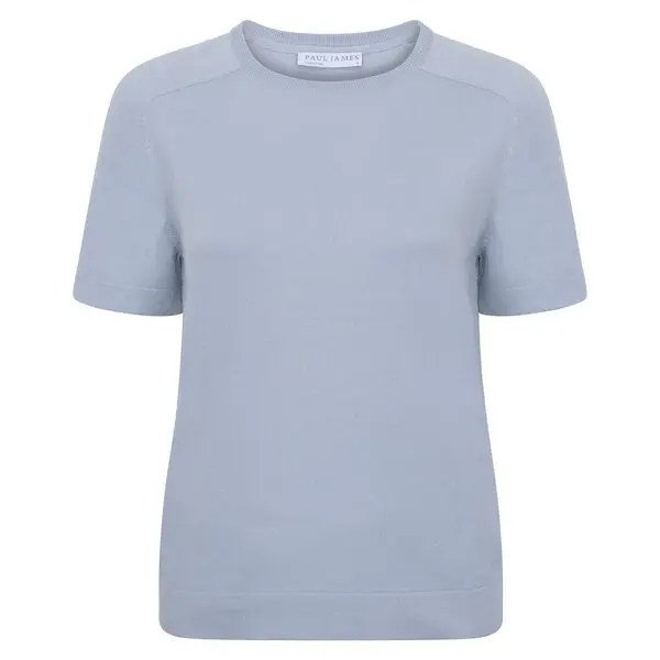 PAUL JAMES KNITWEAR Ultra Fine Cotton Cassie Saddle Shoulder Knitted T-shirt Pale - Blue