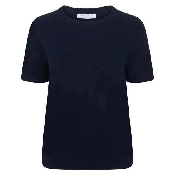 PAUL JAMES KNITWEAR Ultra Fine Cotton Cassie Saddle Shoulder Knitted T-shirt Navy - Blue