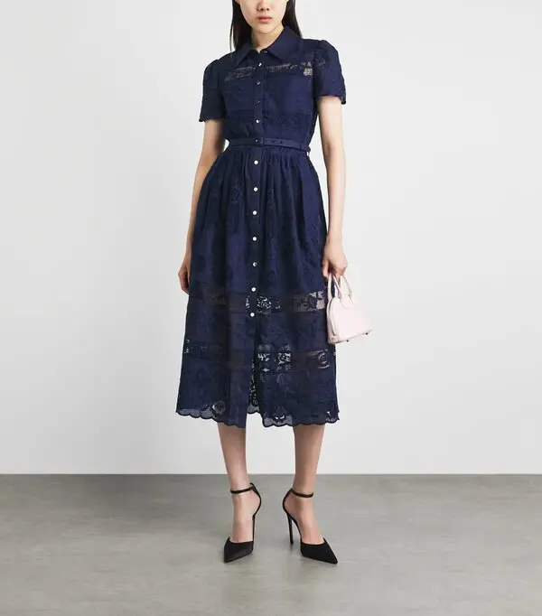 SELF-PORTRAIT Ramie Embroidered Midi Shirt Dress