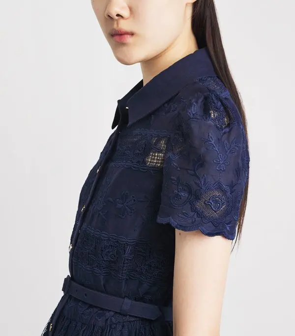 SELF-PORTRAIT Ramie Embroidered Midi Shirt Dress