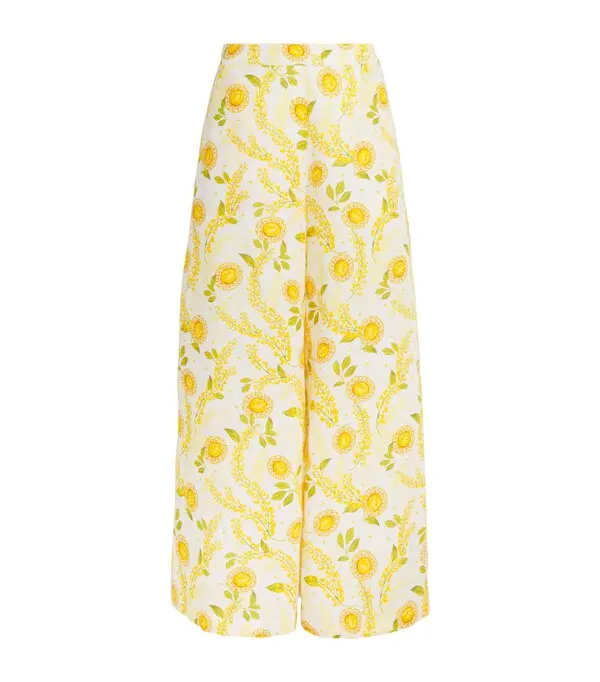 Verandah Linen-cotton Floral Wide-leg Trousers - Yellow