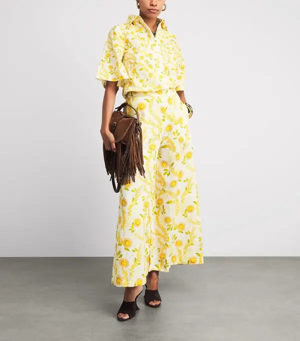 Verandah Linen-cotton Floral Wide-leg Trousers