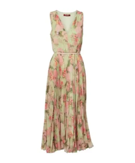 Max Mara Floral Plissé Georgette Midi Dress