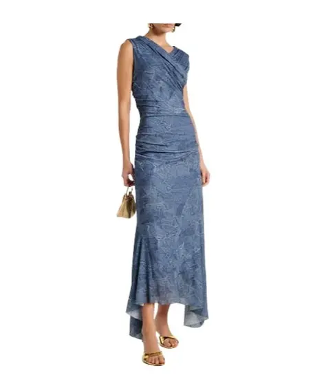 GANNI Printed Ruched Mesh Maxi Dress