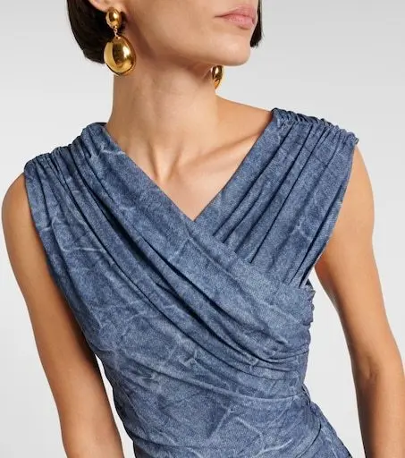 GANNI Printed Ruched Mesh Maxi Dress