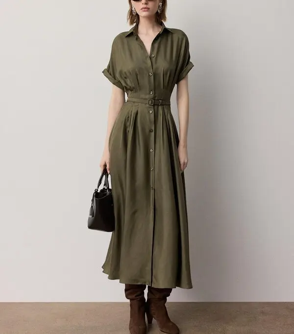 Ralph Lauren Silk Donatella Midi Shirt Dress - Green