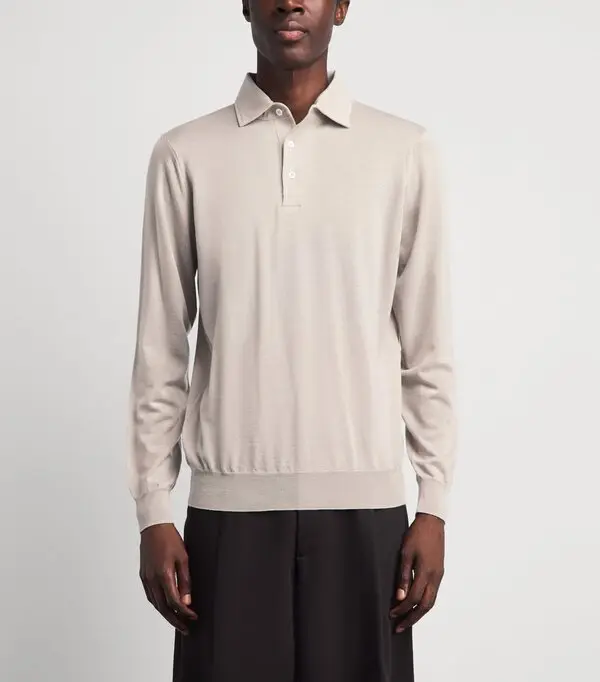 LARDINI Virgin Wool Long-sleeve Polo Shirt - Beige