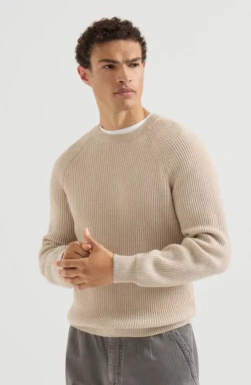 Brunello Cucinelli Cashmere English Rib Sweater With Raglan Sleeves - Sand